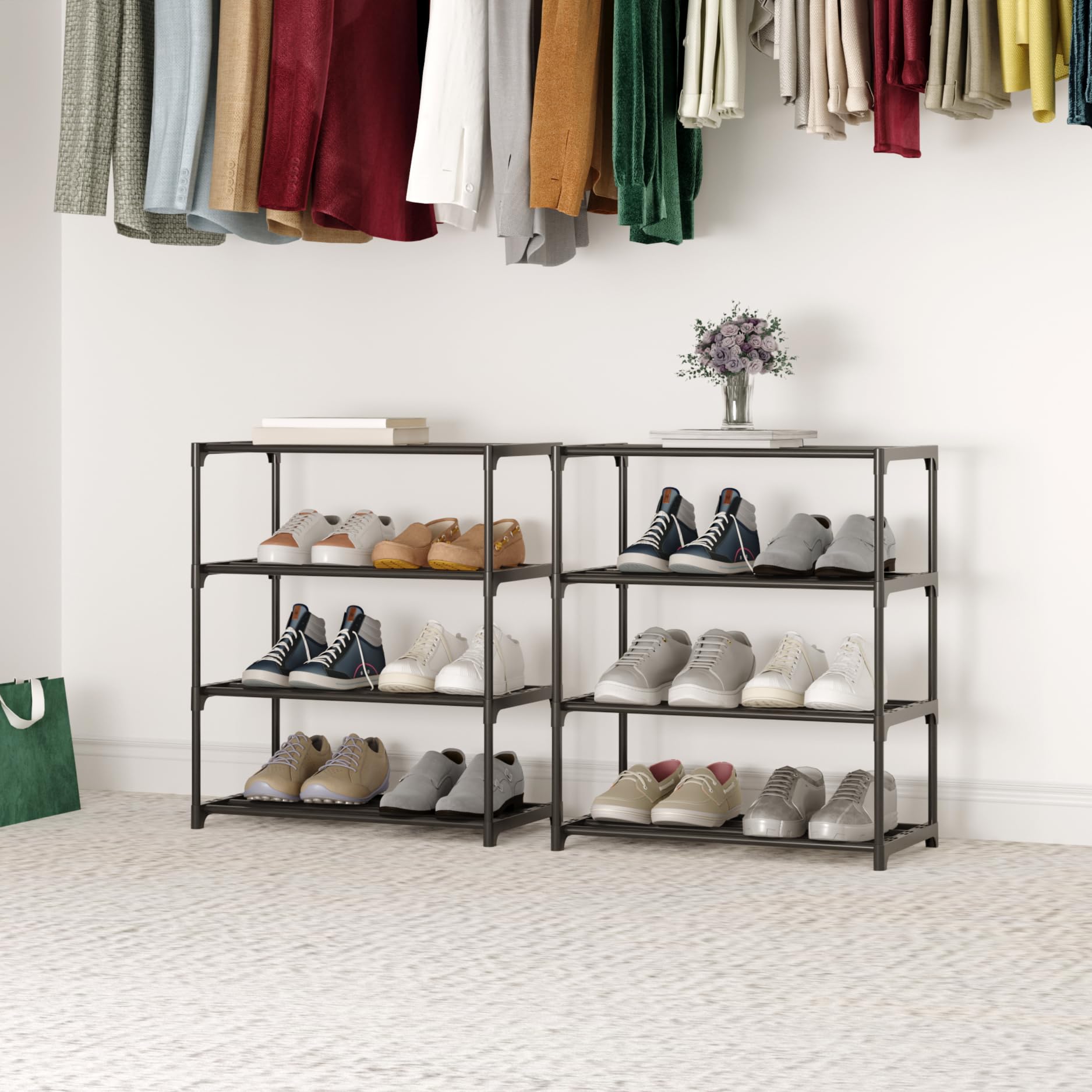 Yegazte Small Metal Shoe Rack,Stackable Shoe Shelf Storage Organizer for Entryway, Hallway and Closet(3-Tier,Black)