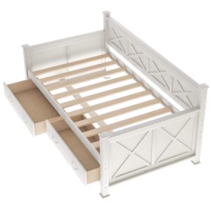 harper & bright designs twin size daybed with 2 storage drawers, wood twin sofa bed x-shaped frame, modern daybed frame with slat support, twin size bed for bedroom living room (twin, cream white)