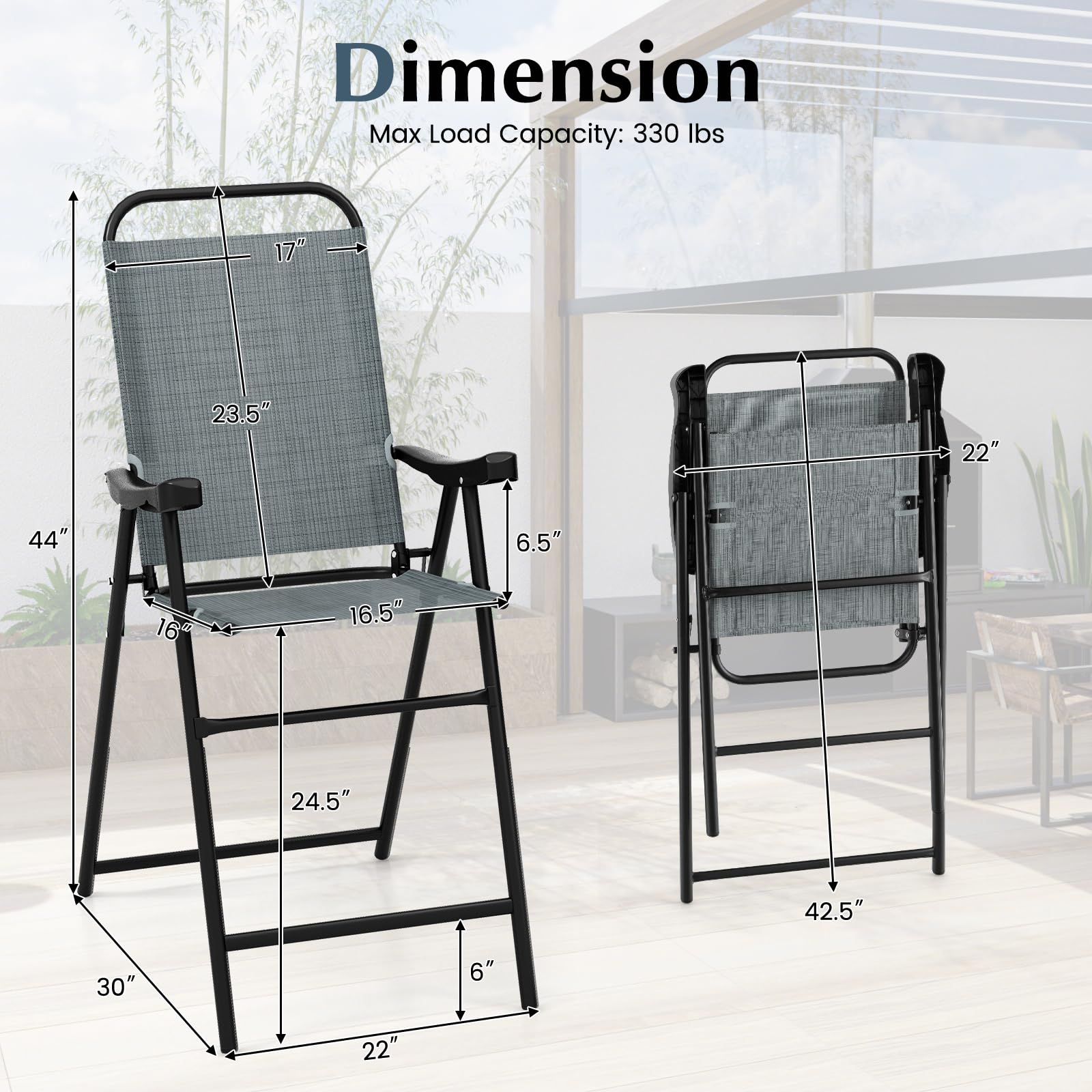 COSTWAY 4 Pieces Patio Folding Bar Chairs, High Top Patio Bar Chair with Metal Frame & Footrest, Outdoor Bar Height Chairs for Balcony, Garden & Poolside, Blue (2, Blue)