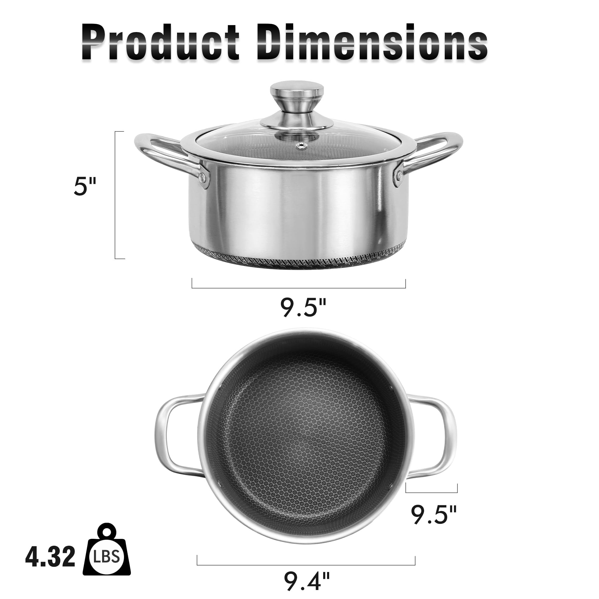 AuFranc™ Hybrid Nonstick 6 Quart Stainless Steel Stockpot with Glass Lid, Induction Stock Pot with Honeycomb Carving, Non-stick Soup Pot Compatible with All Cooktops, Non-Toxic, Dishwasher & Oven Safe