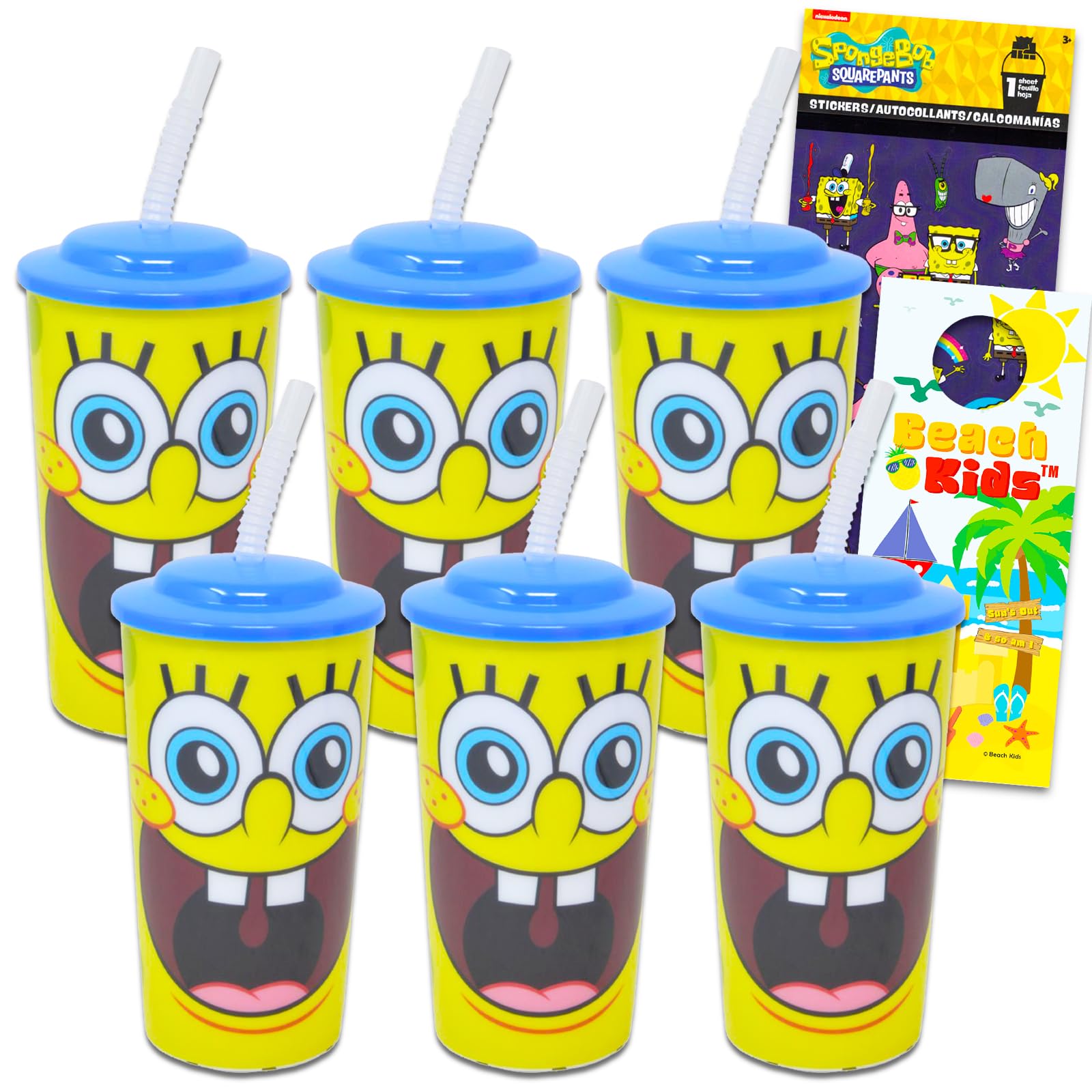 Spongebob Squarepants Kids 16 Oz Reusable Cups - Spongebob Party Favor 6 Piece Bundle with 16 Oz Cup with Lid and Straw Plus Stickers for Boys, Girls | Spongebob Tumbler with Straw