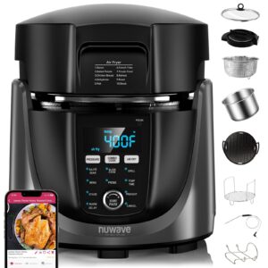 nuwave duet electric pressure cooker & air fryer combo, 450 in 1 slow cooker & grill with integrated digital temp probe, 6qt ss pot, adjustable high/low pressure, built-in sure-lock safety tech