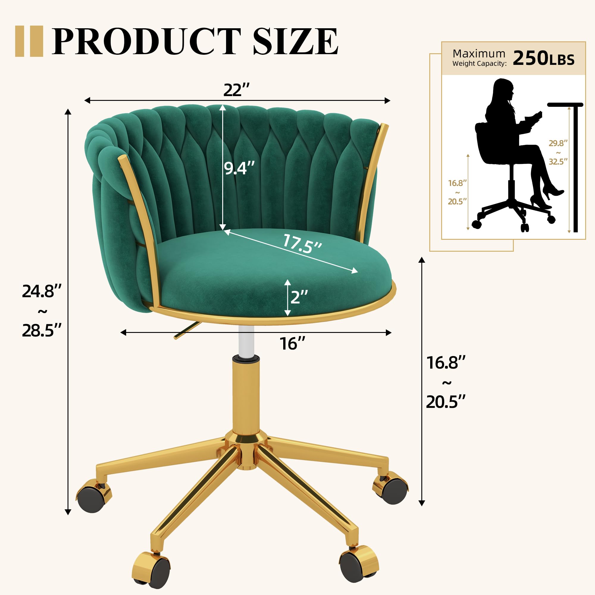 GOOLON Velvet Desk Chair, Modern Office Chair with Wheels, Home Swivel Vanity Armchair with Woven Back Comfy Height Adjustable Seat Sturdy Golden Metal Rolling Base for Makeup Bedroom, Dark Green