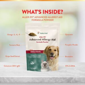 NaturVet Aller-911 Advanced Allergy Aid Formula Powder for Dogs and Cats 9 oz Powder & All-in-One Dog Supplement for Joint Support, Digestion, Skin, Coat Care – Dog Multivitamins – 13-Ounce Powder