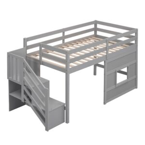 Low Loft Bed with Stairs, Twin Size Storage Loft Bed Frame with Staircase and Window, Wood Kids Loft Bed with Steps for Boys Girls Teens, Gray