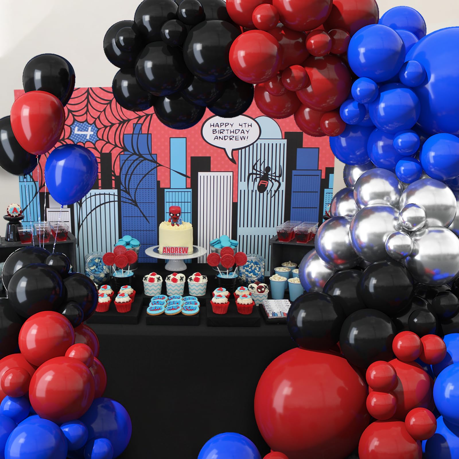 Red Blue Black Balloon Arch Kit, Royal Blue Red Black Garland Kit with Metallic Silver Latex Balloon for Spiderman Theme Party Boys Kids Birthday Baby Shower Graduation Baseball Party Decorations