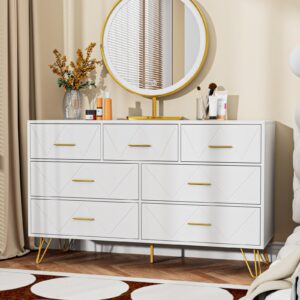 jozzby white dresser for bedroom, 7 drawer wooden dresser with gold handles, modern storage dressers & chests of drawers for hallway, entryway