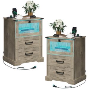 hasuit farmhouse night stand set of 2 with led lights and charging station, rustic oak nightstand with 2 drawers, and cubby with wire mesh door, bedside end table for bedroom