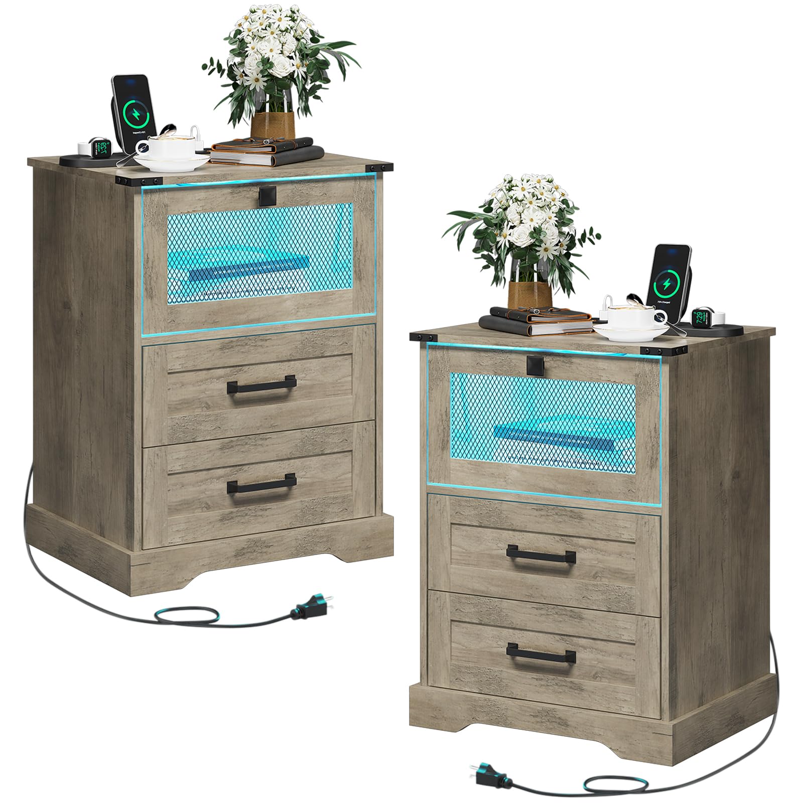 Hasuit Farmhouse Night Stand Set of 2 with LED Lights and Charging Station, Rustic Oak Nightstand with 2 Drawers, and Cubby with Wire Mesh Door, Bedside End Table for Bedroom