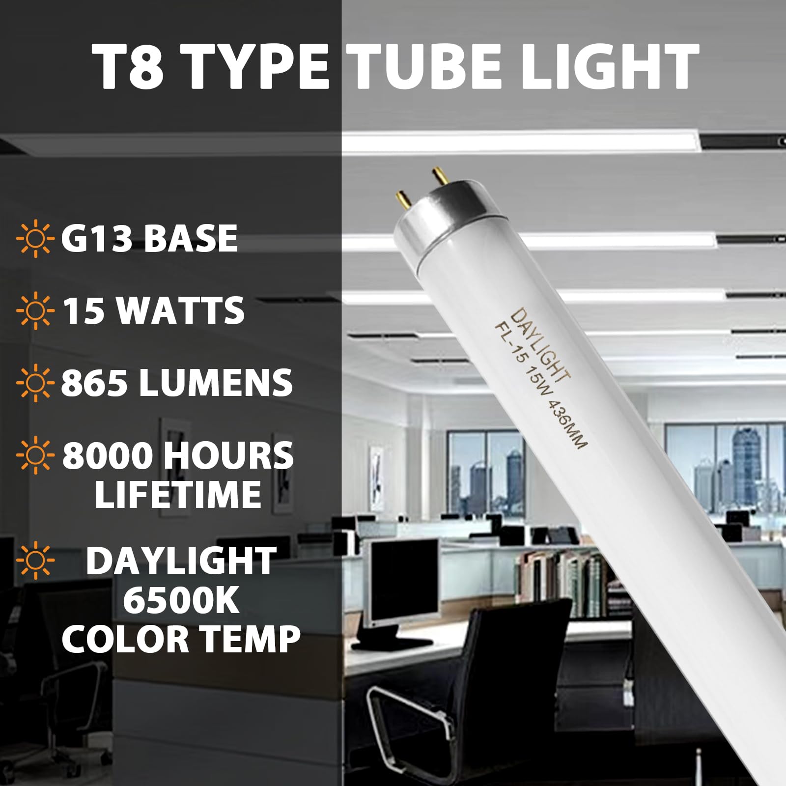 F15T8/DL 18 Inches T8 15 Watt Fluorescent Tube Compatible for Sylvania GE Eiko F15/T8/D Daylight 6500K G13 Bi-Pin Base 6 Count