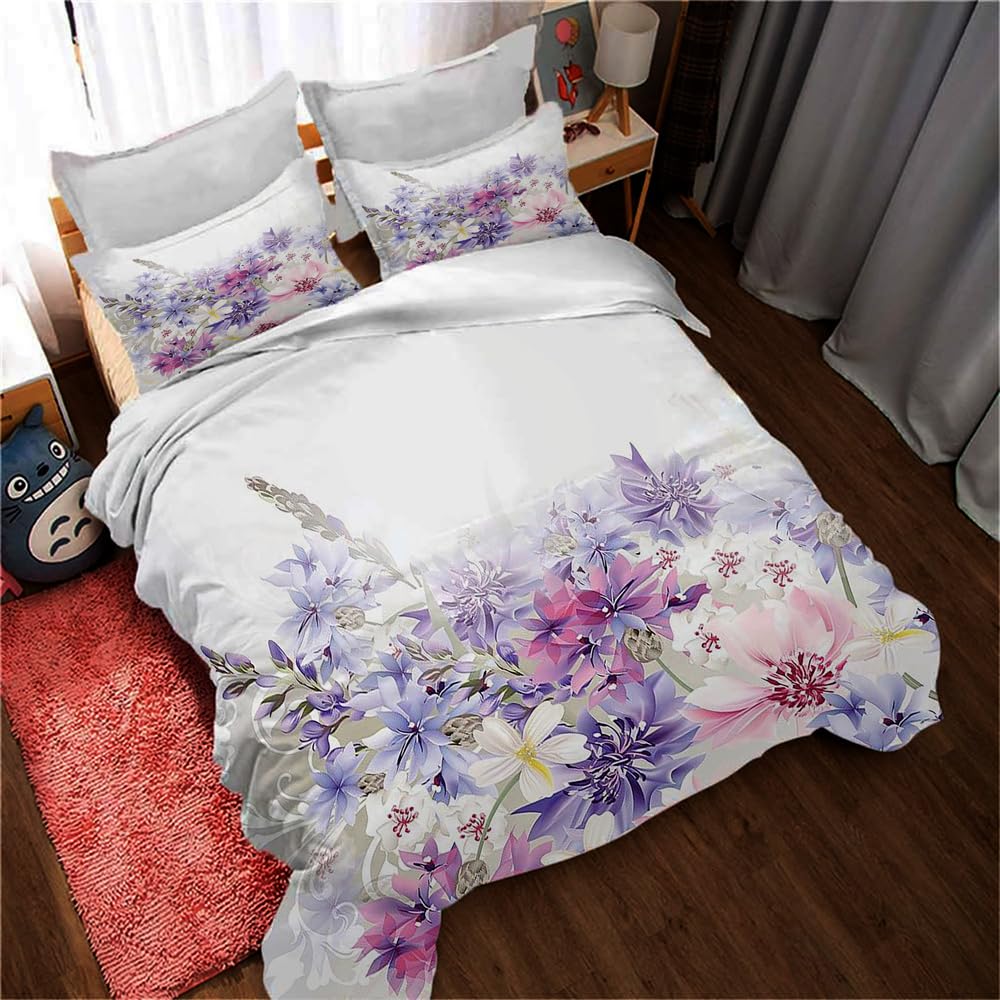 Purple Themed Flower Duvet Cover Set, Vibrant Blooming Bouquet Printed Duvet Cover ,Comfortable And Lightweight 3-piece Bedroom Pillowcase Home Decoration (1 Duvet Cover+2 Pillowcases)-Flower1-King