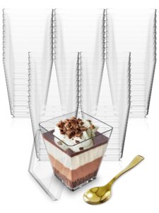 mini dessert cups with lids and spoons (100 pack) (gold spoons) - 5 oz plastic parfait cups with lids reusable - plastic dessert cups with lids - appetizer cups - clear dessert cups bpa free plastic