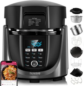 nuwave duet air fryer, electric pressure cooker & grill combo, 540 in 1 multicooker with 2 removable lids, slow cook, sears, sautés, 18/10 ss pot, sure-lock safety tech & 9 deluxe accessories