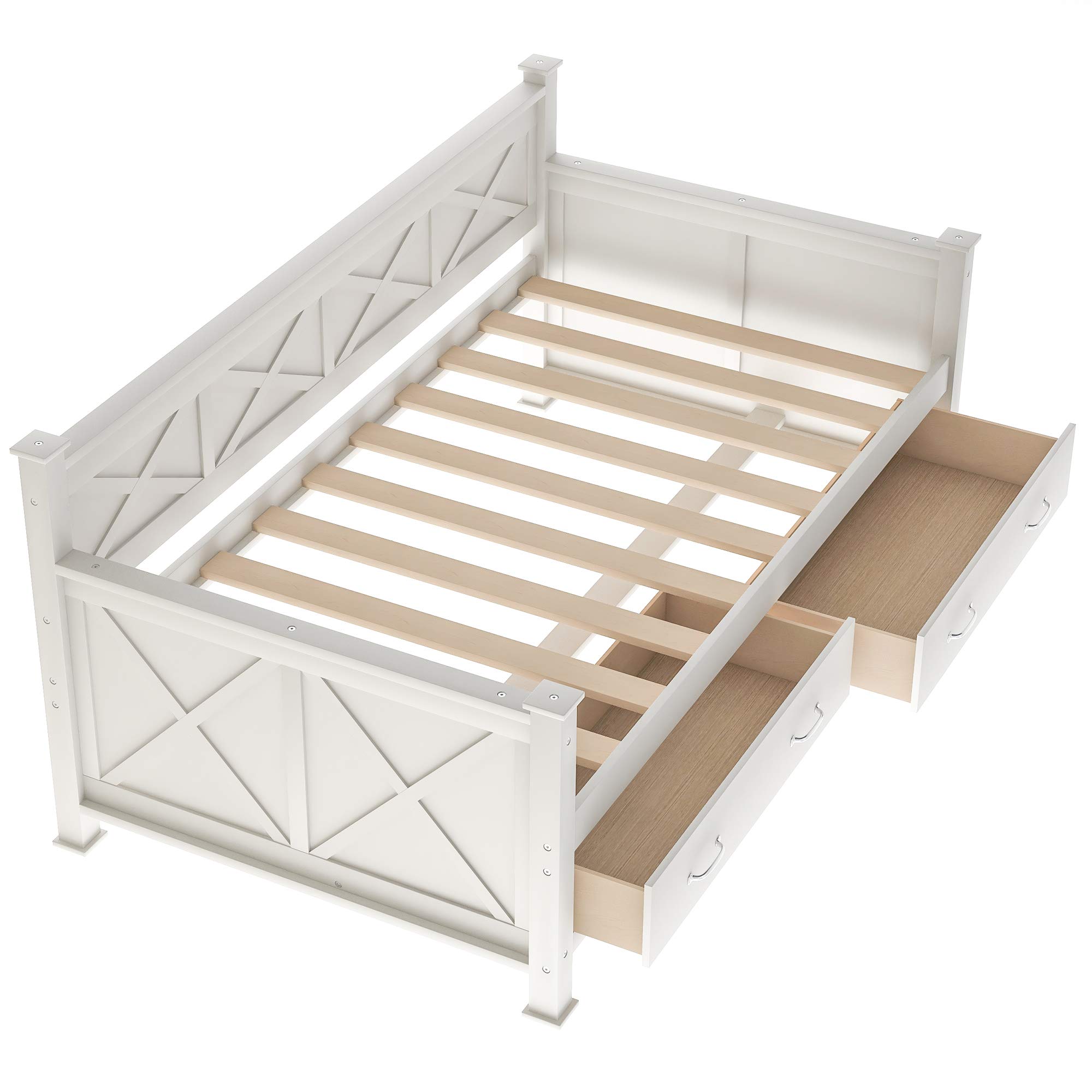 Harper & Bright Designs Twin Size Daybed with 2 Storage Drawers, Wood Twin Sofa Bed X-Shaped Frame, Modern Daybed Frame with Slat Support, Twin Size Bed for Bedroom Living Room (Twin, Cream White)