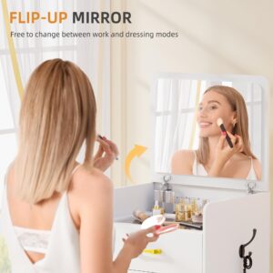 Gurexl 3 in 1 Vanity Desk with Plip Top Mirror,Small Make Up Vanity Set with Visible Glass Desktop,Compact Makeup Vanity with 3 Drawers,Cushioned Tool,Dressing Table for Bedroom