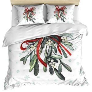 christmas duvet cover cal. king size, watercolor red green botanical bow knot winter snowflake comforter cover with zipper closure, 3 piece bedding sets 1 duvet cover 90x106 inches and 2 pillow shams