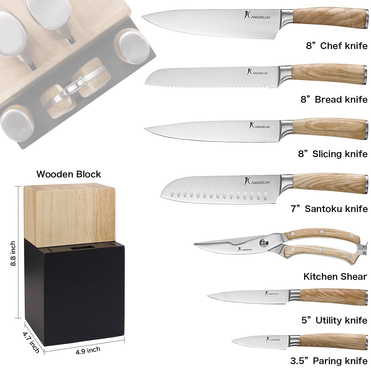 Kangdelun Natura Series 8 PCS Knife Block Set, Ultra Sharp High Carbon Stainless Steel with Wooden Handle