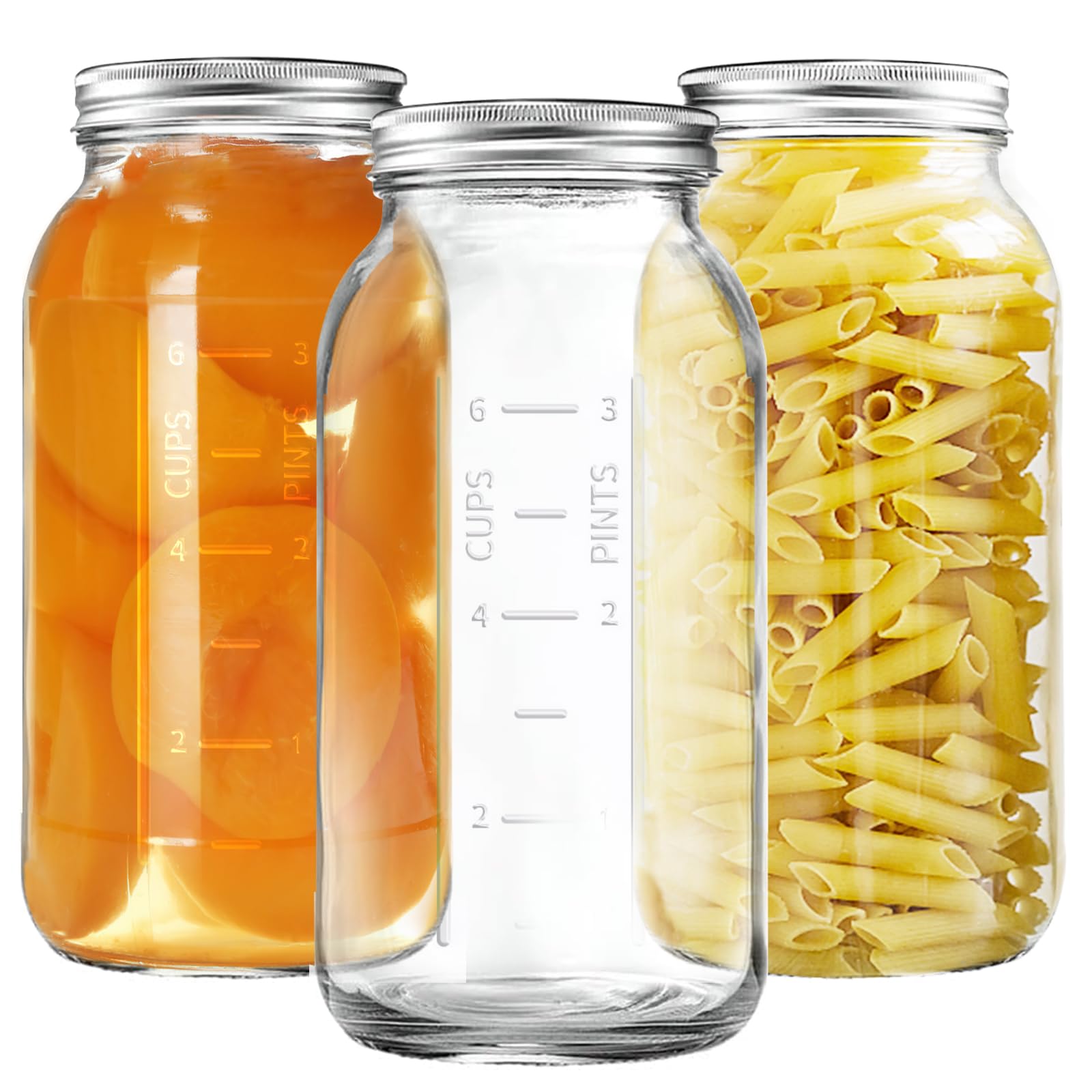 Xylanor 64 OZ Wide Mouth Mason Jars with Lids, Heavy Duty Glass Airtight Storage Canning Jar and Band Half Gallon / 2 Quart, Set of 3