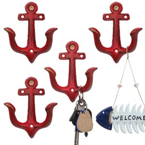 nautical coat hanger with sea anchor style hooks, vintage rustic cast iron material, wall mounted decorative home rack for coats,towels and more,includes screws (red set)