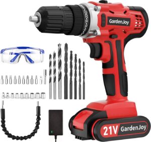 cordless power drill set - 21v electric drill driver kit with battery and fast charger, 2 variable speed control, 3/8-inch keyless chuck and 24+1 torque setting