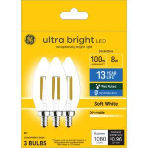 ge ultra bright led light bulbs, 100w, soft white candle lights, clear decorative b12 light bulbs (3 pack)