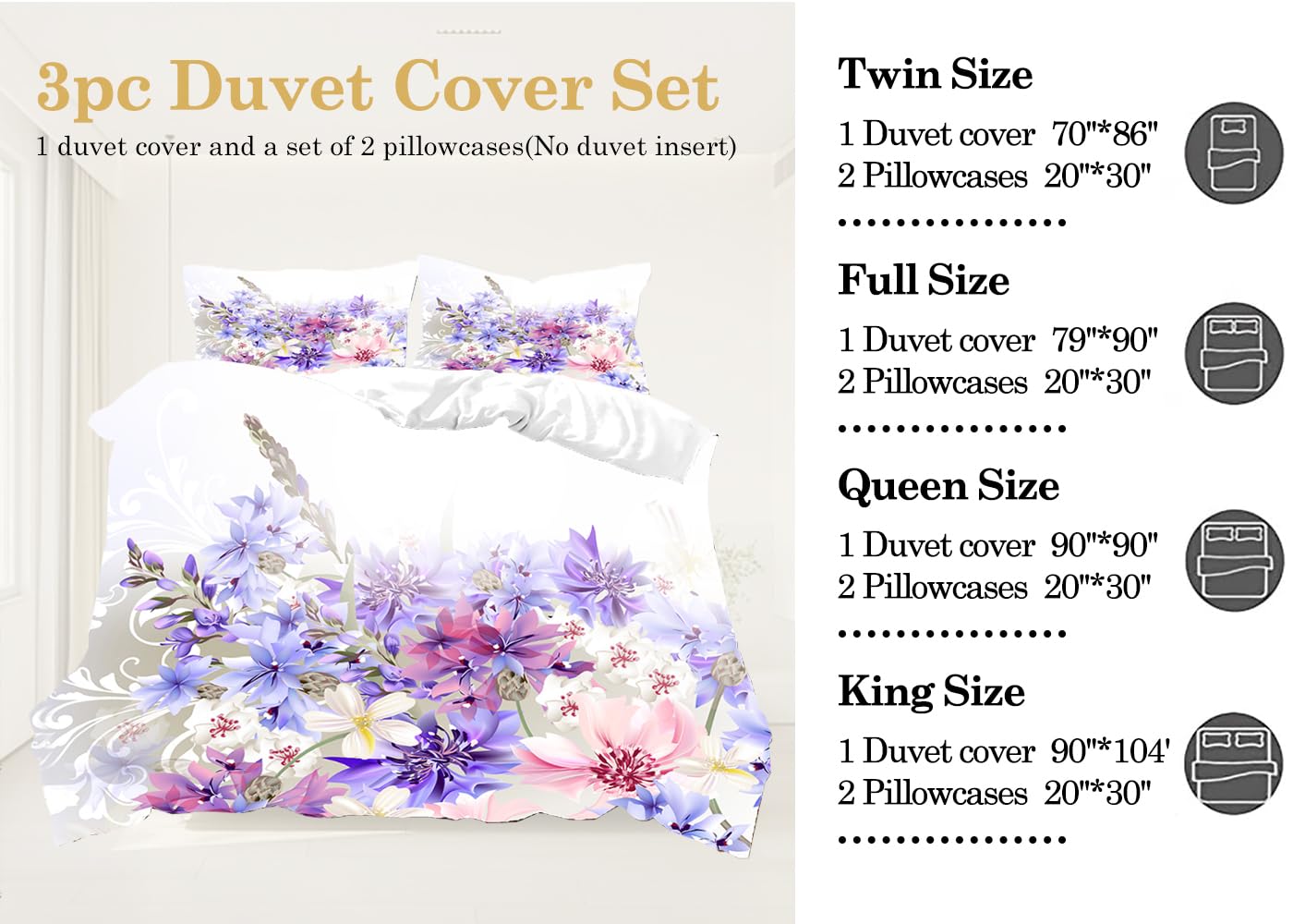 Purple Themed Flower Duvet Cover Set, Vibrant Blooming Bouquet Printed Duvet Cover ,Comfortable And Lightweight 3-piece Bedroom Pillowcase Home Decoration (1 Duvet Cover+2 Pillowcases)-Flower1-King