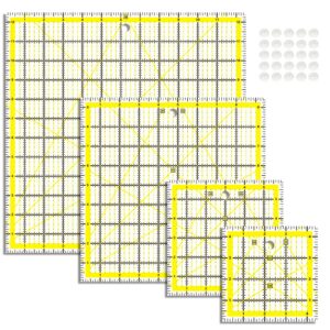 vpvpv 4 piece quilting ruler,acrylic square ruler,quilting templates,with non slip rings 25 pieces（4.5“x4.5”、6“x6”、9.5“x9.5”、12.5“x12.5”） (yellow)