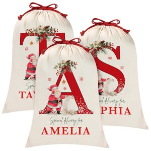 custom initial christmas santa sack, personalized xmas gift pouch, monogrammed drawstring bag