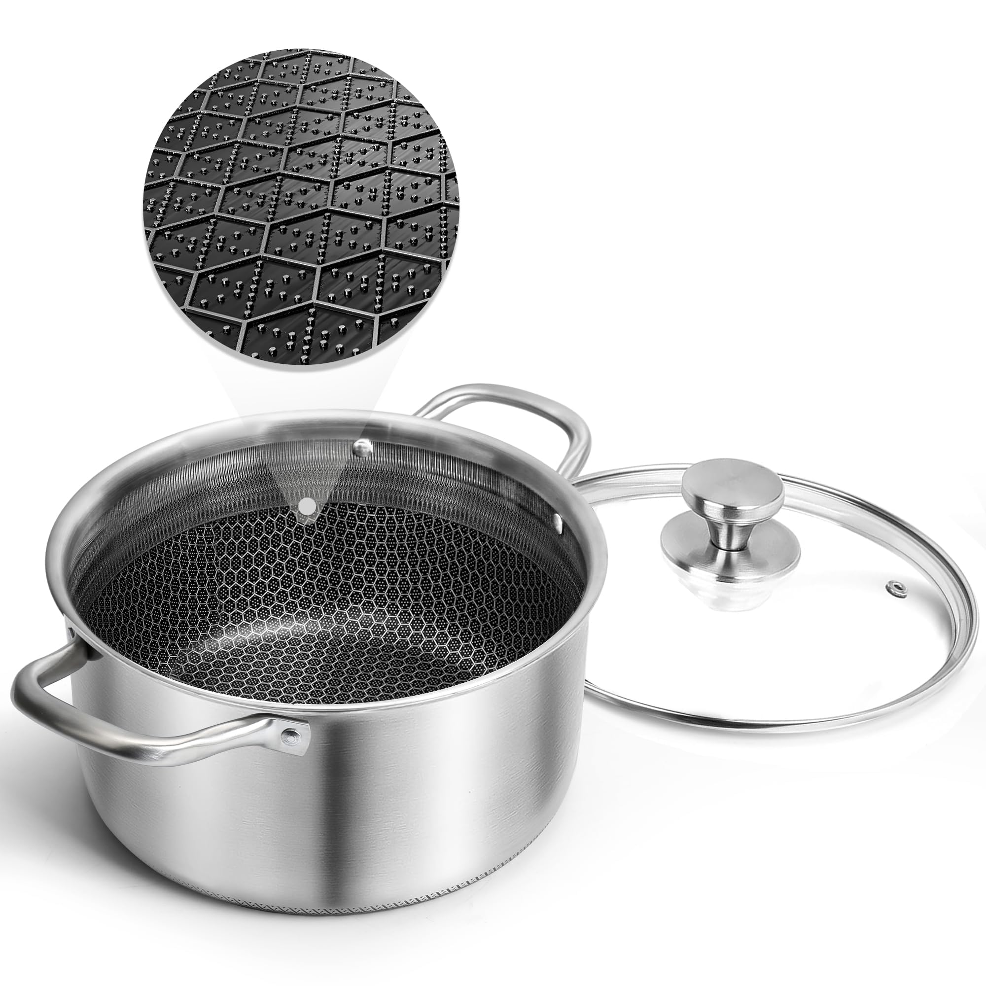 AuFranc™ Hybrid Nonstick 6 Quart Stainless Steel Stockpot with Glass Lid, Induction Stock Pot with Honeycomb Carving, Non-stick Soup Pot Compatible with All Cooktops, Non-Toxic, Dishwasher & Oven Safe