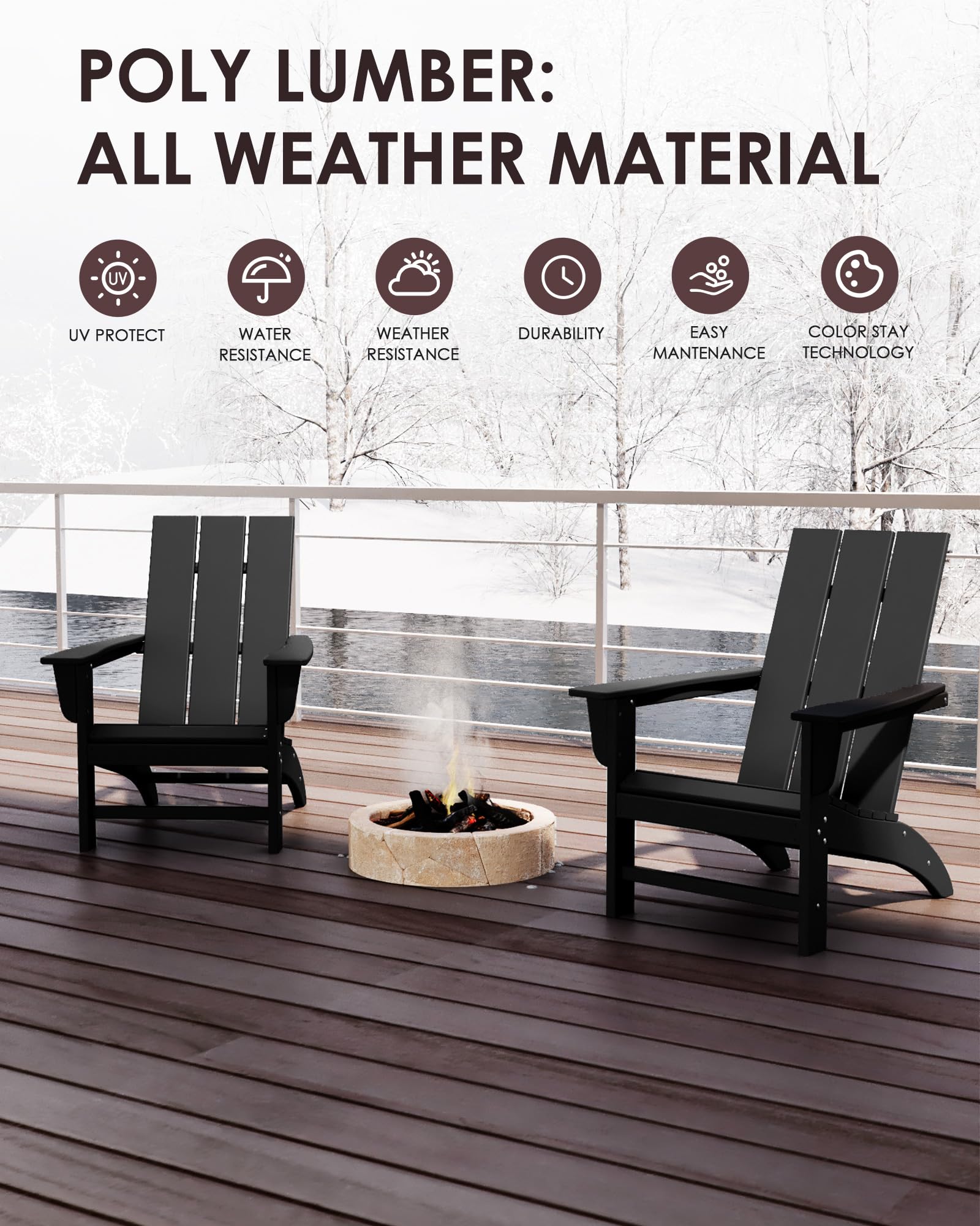 Poly Lumber Adirondack Chairs Set of 2, All-Weather Resistant Outdoor Patio Chairs, Look Like Wood, Pre-Assembled Outdoor Fire Pit Chair for Pool, Deck, Backyard, Garden, Black