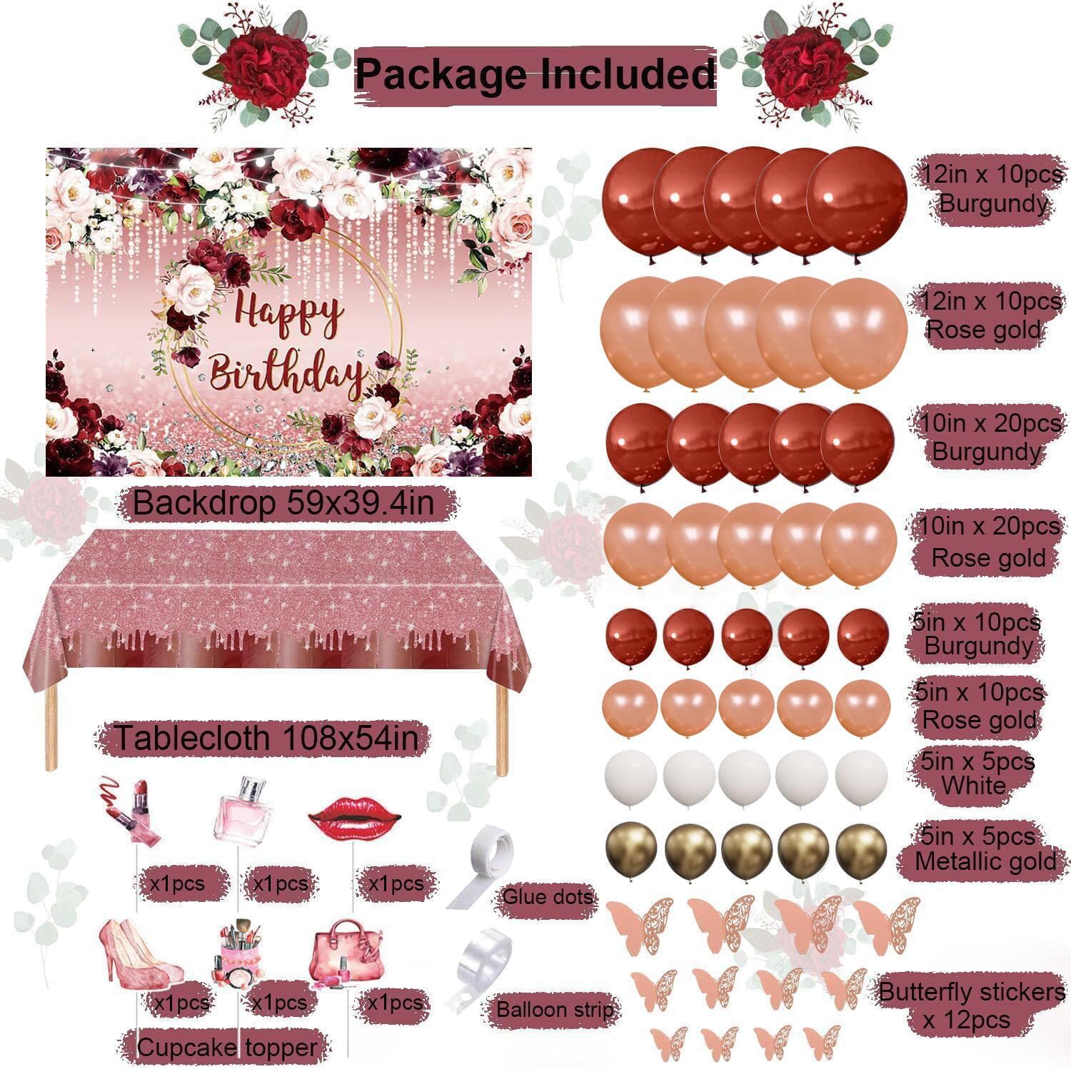 Yancan Floral Happy Birthday Decorations Women Birthday Party Supplies Including Flower Birthday Backdrop, Burgundy Rose Gold Balloons Garland Arch Kit, Tablecloth, Cupcake Toppers for Girls