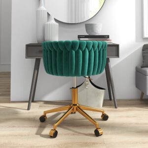 GOOLON Velvet Desk Chair, Modern Office Chair with Wheels, Home Swivel Vanity Armchair with Woven Back Comfy Height Adjustable Seat Sturdy Golden Metal Rolling Base for Makeup Bedroom, Dark Green