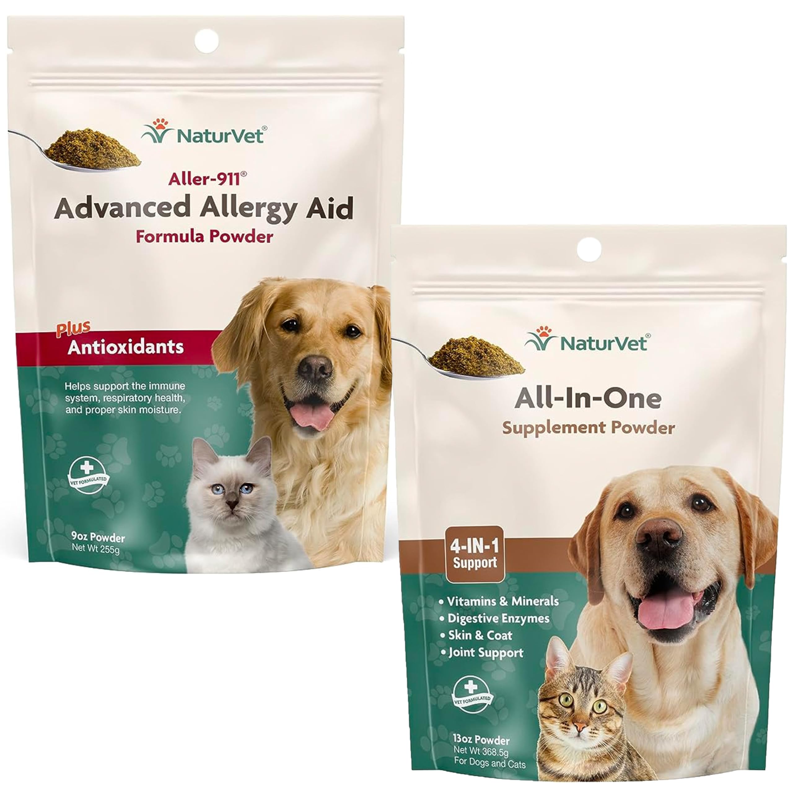 NaturVet Aller-911 Advanced Allergy Aid Formula Powder for Dogs and Cats 9 oz Powder & All-in-One Dog Supplement for Joint Support, Digestion, Skin, Coat Care – Dog Multivitamins – 13-Ounce Powder