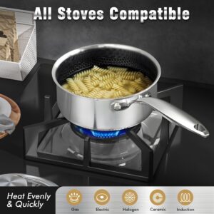 AuFranc™ Hybrid Nonstick 1 Quart Stainless Steel Saucepan with Glass Lid, Induction Sauce Pan with Honeycomb Carving, Non-stick Sauce Pot Compatible with All Cooktops, Dishwasher Safe, Non-Toxic