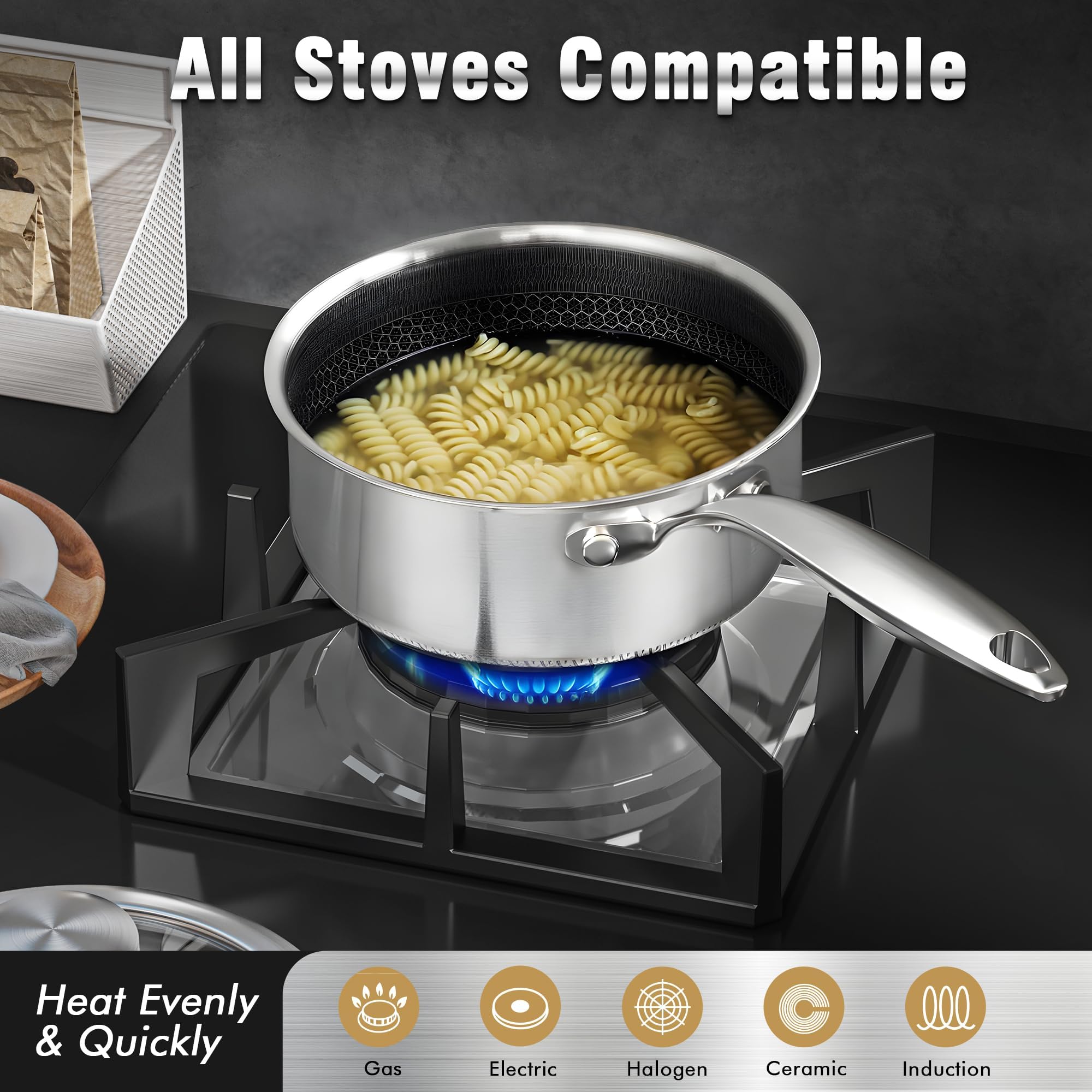 AuFranc™ Hybrid Nonstick 1 Quart Stainless Steel Saucepan with Glass Lid, Induction Sauce Pan with Honeycomb Carving, Non-stick Sauce Pot Compatible with All Cooktops, Dishwasher Safe, Non-Toxic