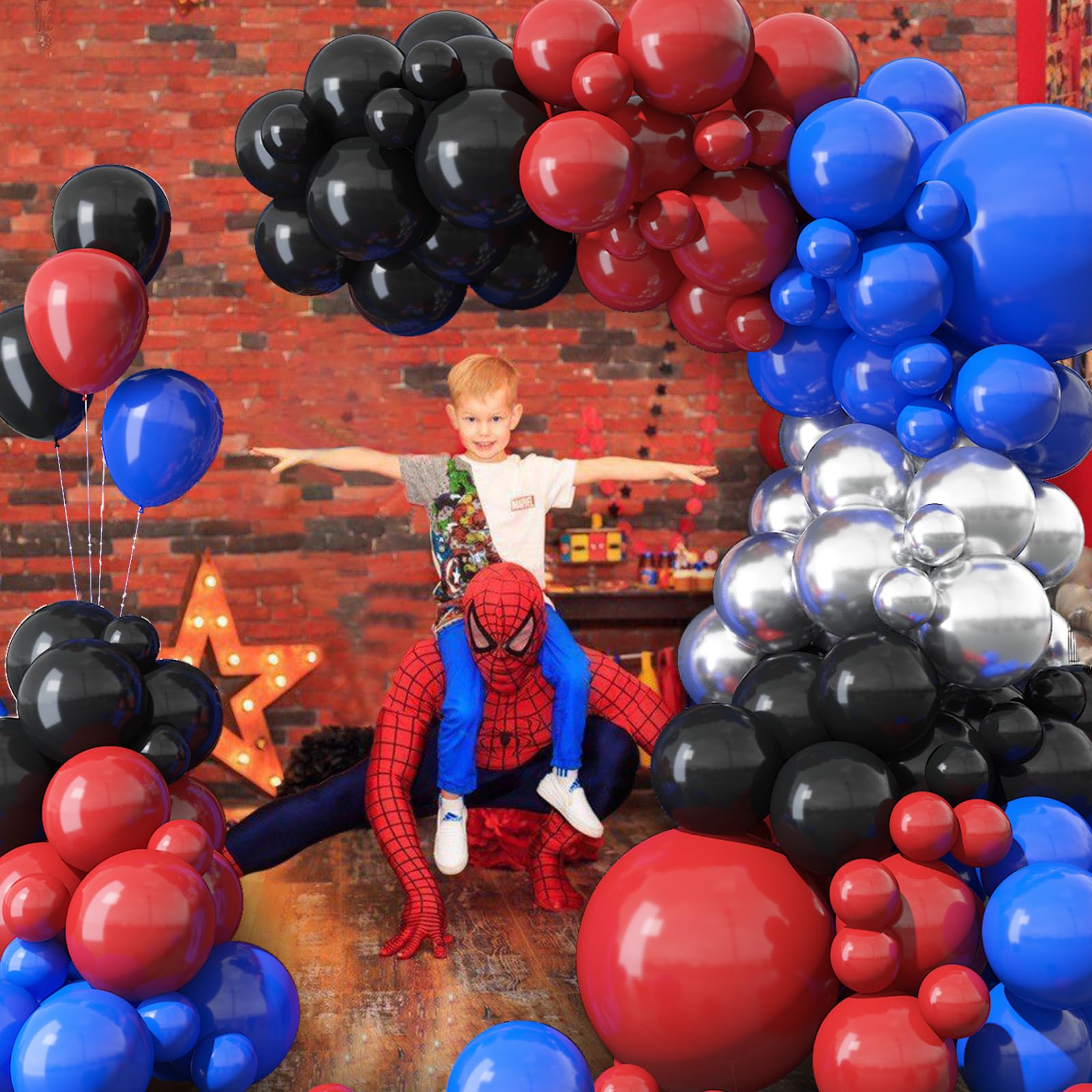 Red Blue Black Balloon Arch Kit, Royal Blue Red Black Garland Kit with Metallic Silver Latex Balloon for Spiderman Theme Party Boys Kids Birthday Baby Shower Graduation Baseball Party Decorations