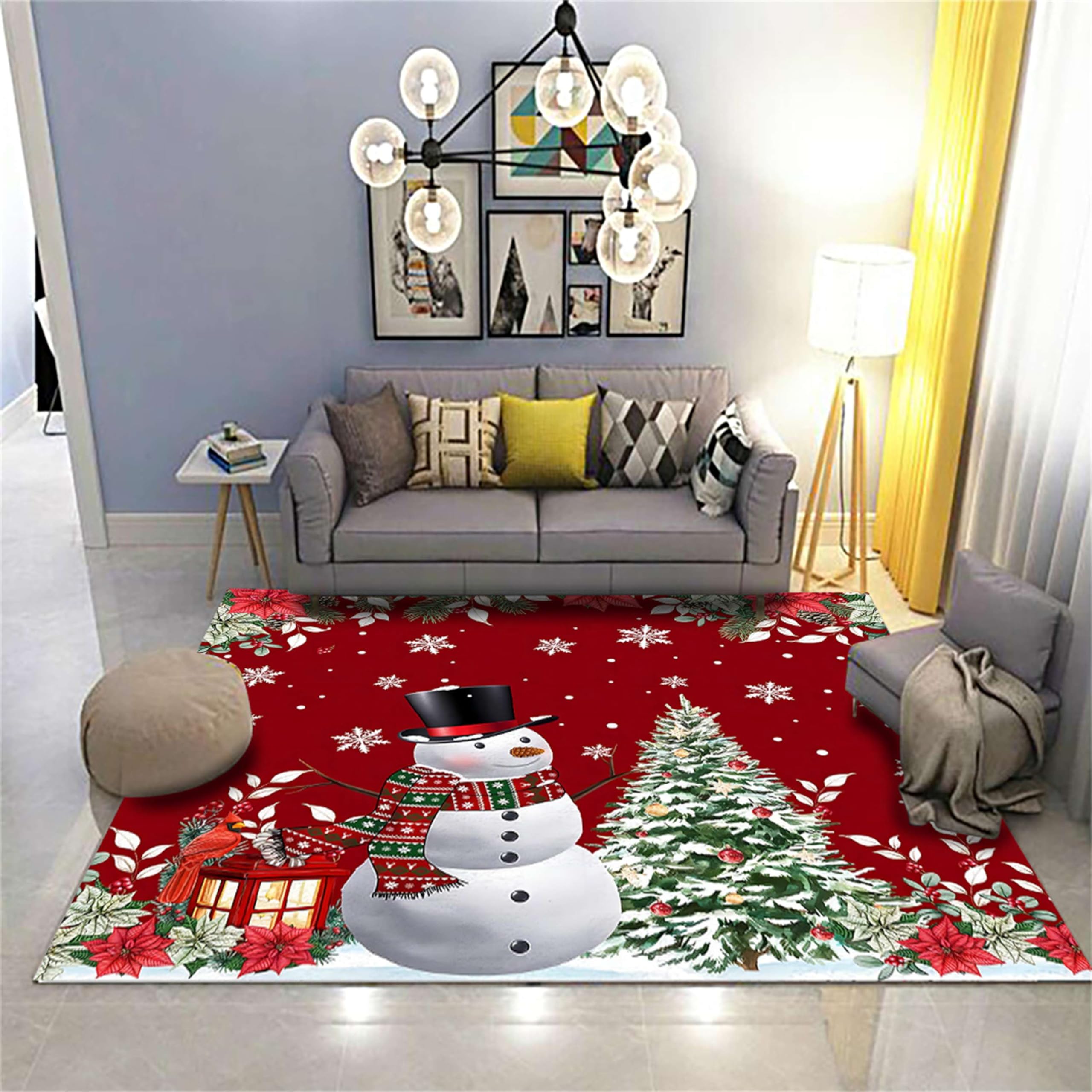 HONGXIU Christmas Red Area Rug, 5x8ft, Christmas Tree Rug, Christmas Snowman and Snowflake Winter Rug, Suitable for Dining Room Bedroom Kitchen Corridor Non-Slip Easy to Clean