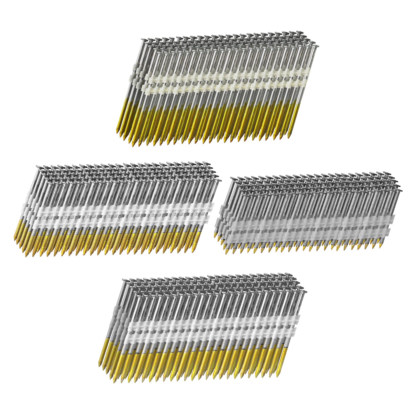 SITLDY 21 Degree Framing Nails 4 SIZES (2"+2-1/2"+3.0") Ring Shank+3-1/2" Smooth Shank), Full Round Head Hot Dipped Galvanized, 100 per Size, 400 Count, Assorted Size, 20 to 22 Degree Framing Nailer