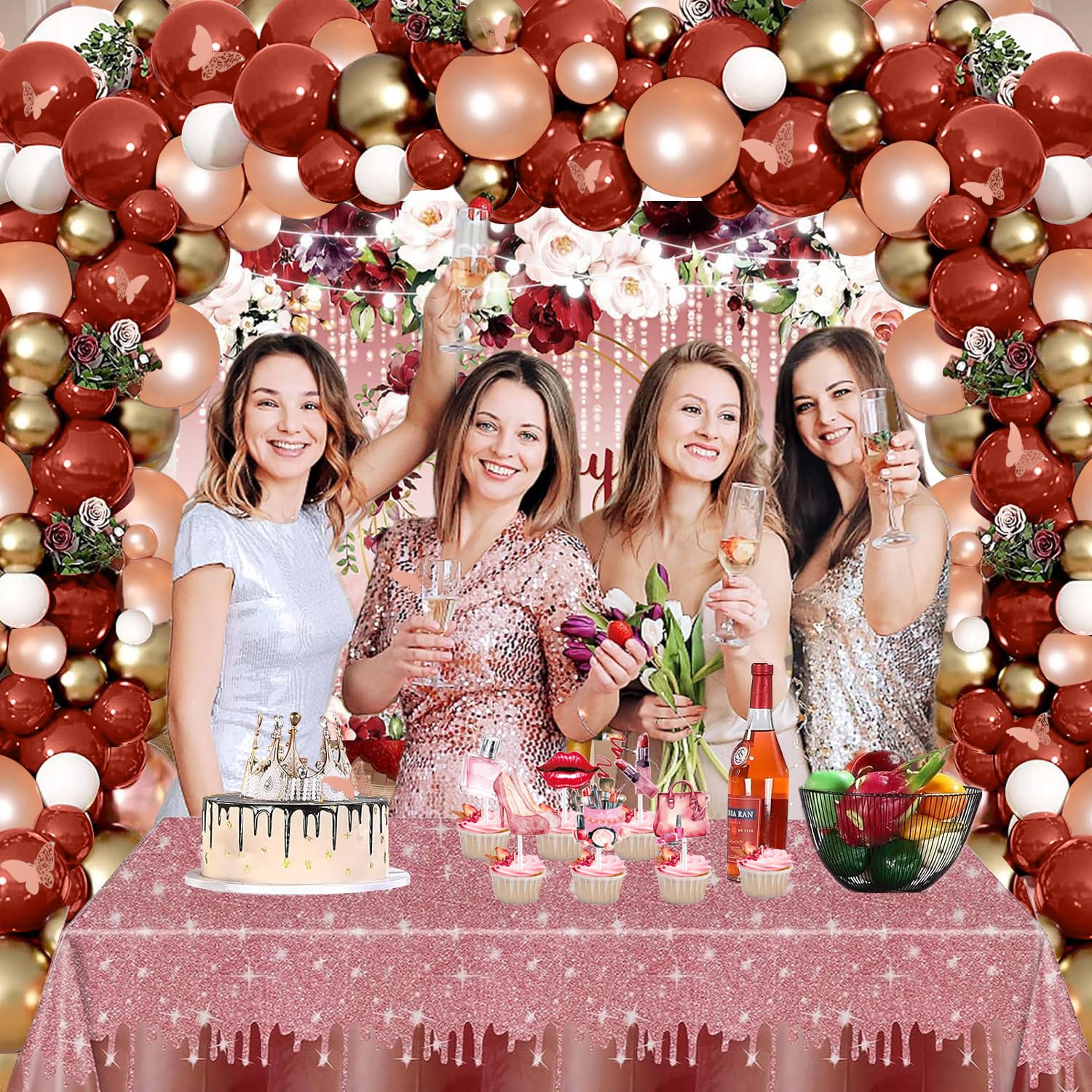 Yancan Floral Happy Birthday Decorations Women Birthday Party Supplies Including Flower Birthday Backdrop, Burgundy Rose Gold Balloons Garland Arch Kit, Tablecloth, Cupcake Toppers for Girls