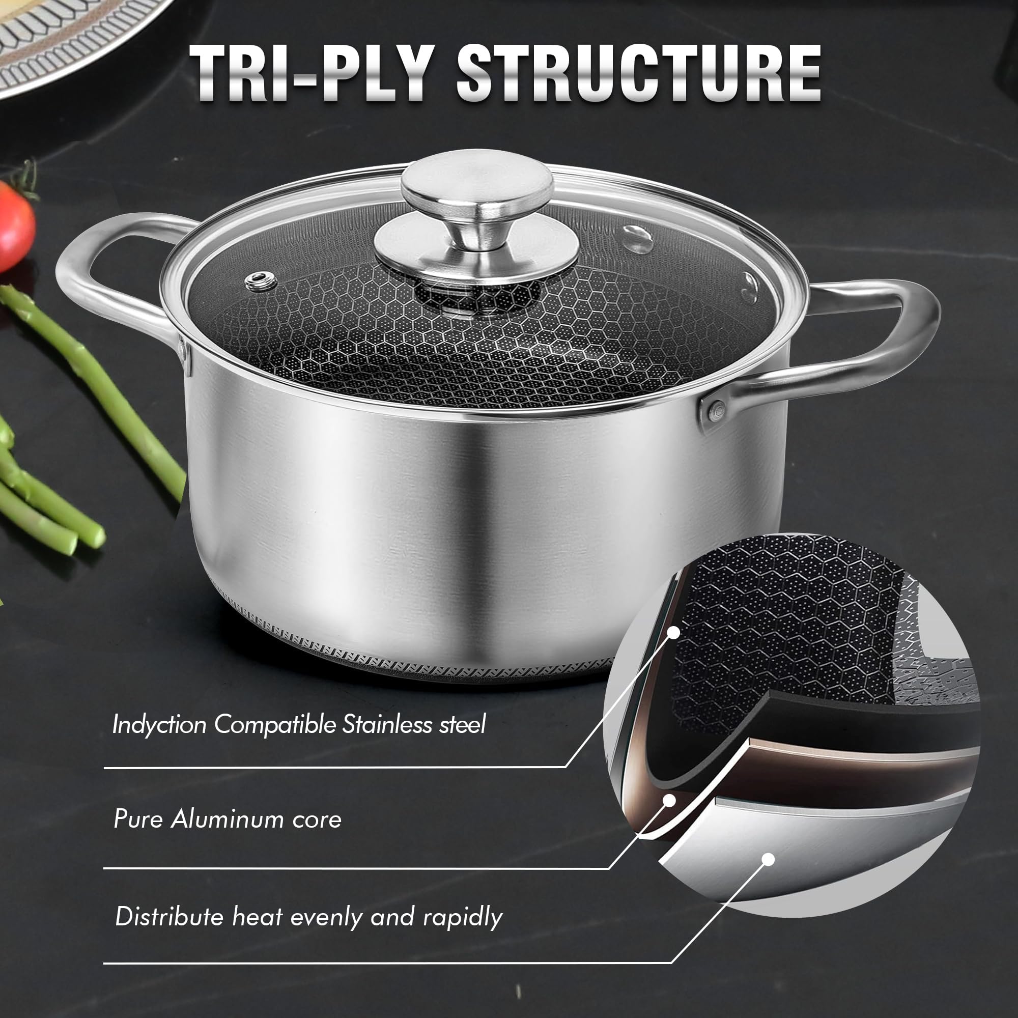 AuFranc™ Hybrid Nonstick 6 Quart Stainless Steel Stockpot with Glass Lid, Induction Stock Pot with Honeycomb Carving, Non-stick Soup Pot Compatible with All Cooktops, Non-Toxic, Dishwasher & Oven Safe