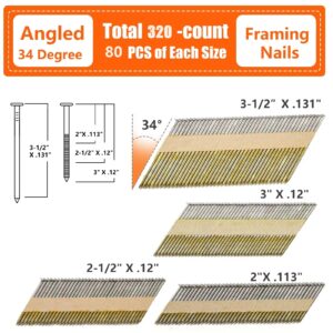 SITLDY 34-30 Degree Framing Nails 4 Sizes (2"+2-1/2"+3.0" Ring+3-1/2" Smooth), D Head Hot Dipped Galvanized Paper Tape Strip Nails, 80 PCS per Size, 320 Count, for 30 to 34 Degree Framing Nailer