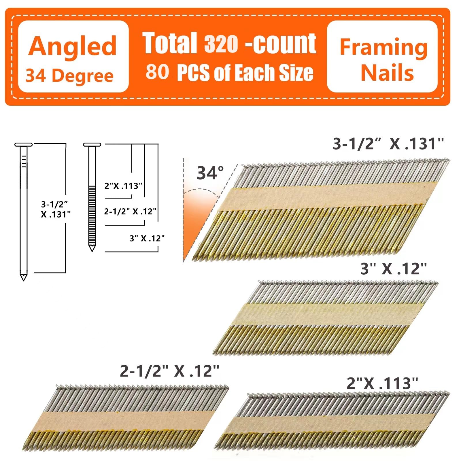 SITLDY 34-30 Degree Framing Nails 4 Sizes (2"+2-1/2"+3.0" Ring+3-1/2" Smooth), D Head Hot Dipped Galvanized Paper Tape Strip Nails, 80 PCS per Size, 320 Count, for 30 to 34 Degree Framing Nailer