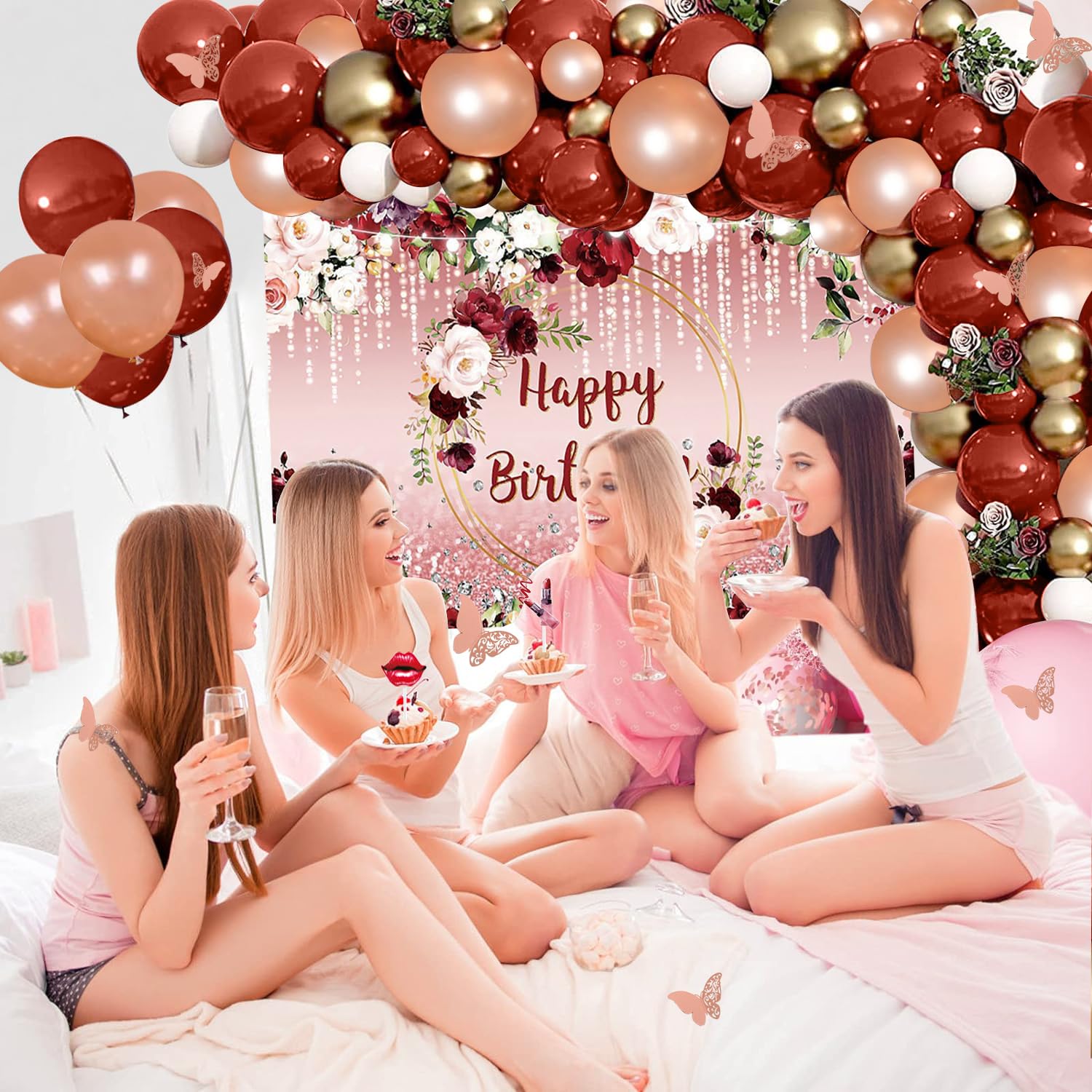 Yancan Floral Happy Birthday Decorations Women Birthday Party Supplies Including Flower Birthday Backdrop, Burgundy Rose Gold Balloons Garland Arch Kit, Tablecloth, Cupcake Toppers for Girls