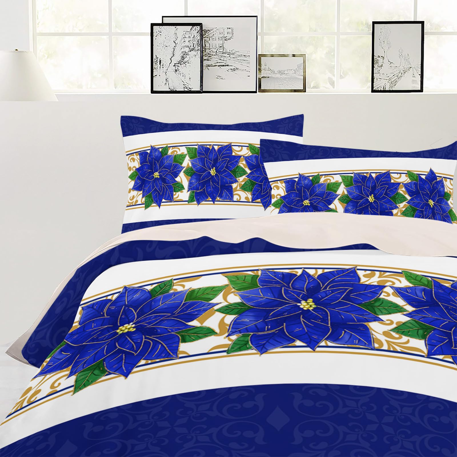 Blue Poinsettia Christmas Duvet Cover Queen Size, Xmas Botanical Floral Comforter Cover with Zipper Closure, 3 Piece Bedding Sets 1 Duvet Cover 90x92 Inches and 2 Pillow Shams