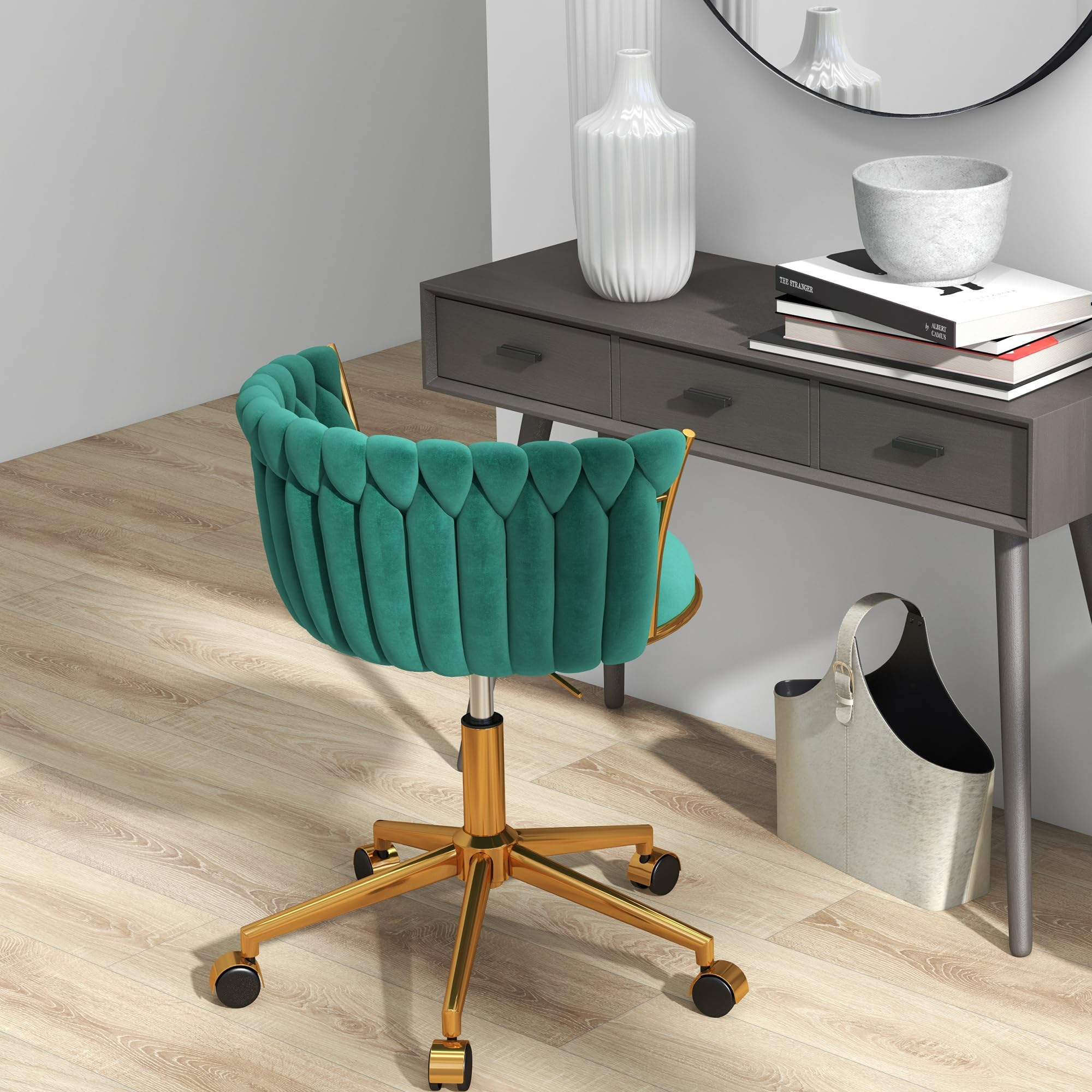 GOOLON Velvet Desk Chair, Modern Office Chair with Wheels, Home Swivel Vanity Armchair with Woven Back Comfy Height Adjustable Seat Sturdy Golden Metal Rolling Base for Makeup Bedroom, Dark Green