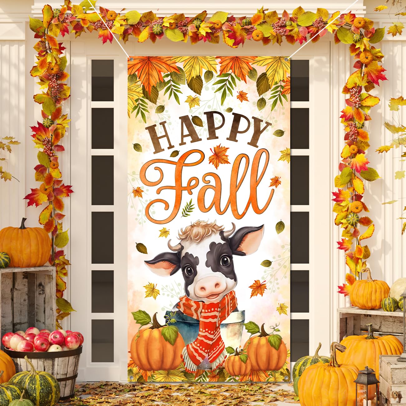 Happy Fall Door Cover Fall Party Decorations Baby Cow with Scarf Fall Festival Decorations Pumpkin Door Banner for Autumn Harvest Thanksgiving Party Supplies