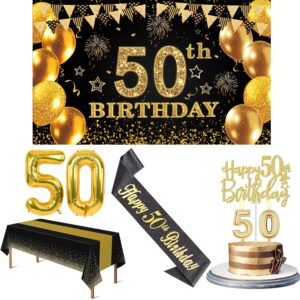 50th birthday decorations men women with 50th birthday banner, black and gold table cloth, 50 number balloons, 50th birthday sash, 50th birthday cake topper and 50th birthday candles