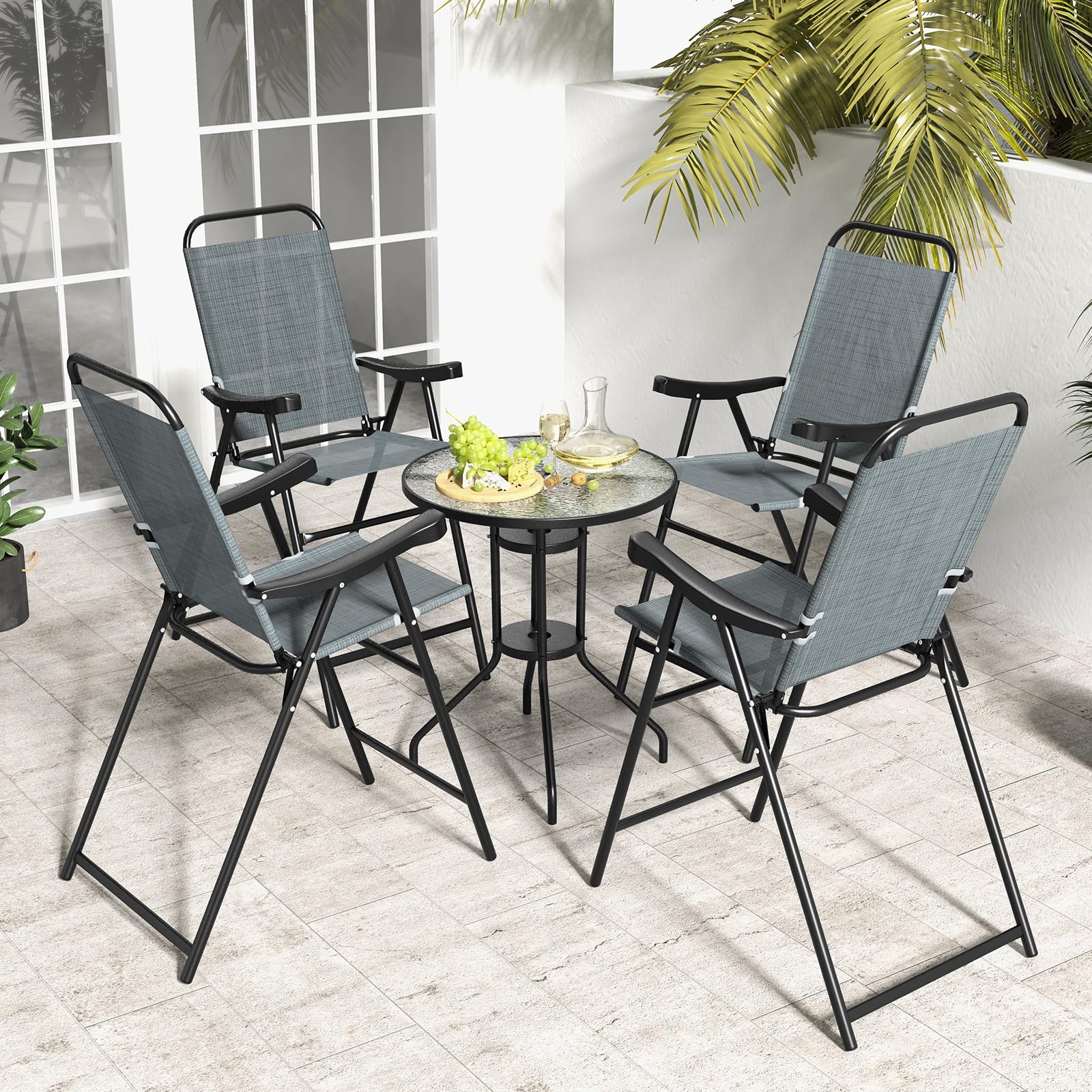 COSTWAY 4 Pieces Patio Folding Bar Chairs, High Top Patio Bar Chair with Metal Frame & Footrest, Outdoor Bar Height Chairs for Balcony, Garden & Poolside, Blue (2, Blue)