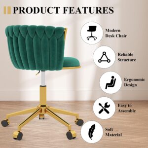 GOOLON Velvet Desk Chair, Modern Office Chair with Wheels, Home Swivel Vanity Armchair with Woven Back Comfy Height Adjustable Seat Sturdy Golden Metal Rolling Base for Makeup Bedroom, Dark Green