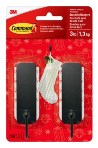 command medium matte black stocking hangers, 2 hooks and 4 command strips, damage free hanging wall hooks with adhesive strips, coat hooks for hanging christmas decorations, holds up to 3 lb